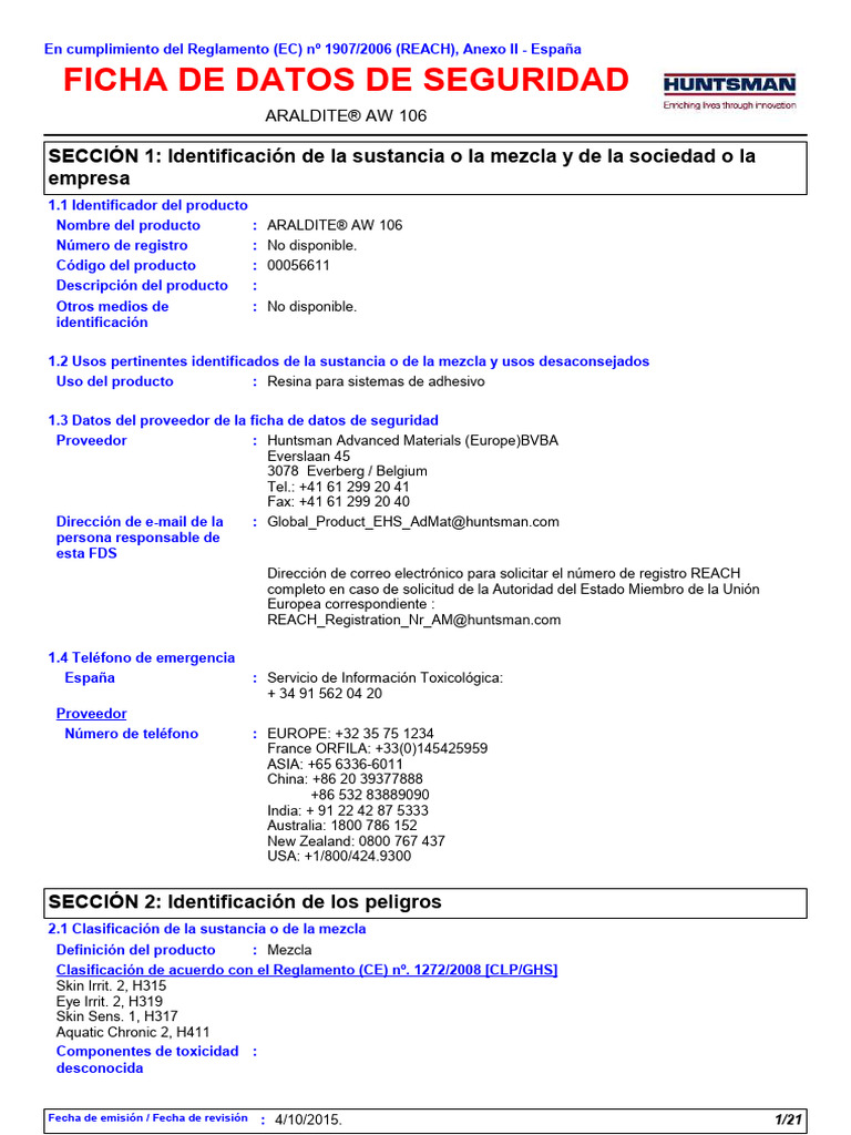 Ficha-seguridad-FDS ARALDITE AW 106 | PDF | Toxicidad | Química