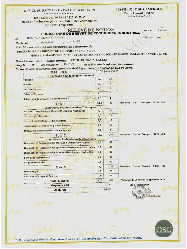 Releve de Note Djiofack | PDF