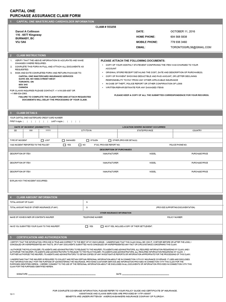 Capital One Purchase Assurance Claim Form | PDF | Insurance | Information
