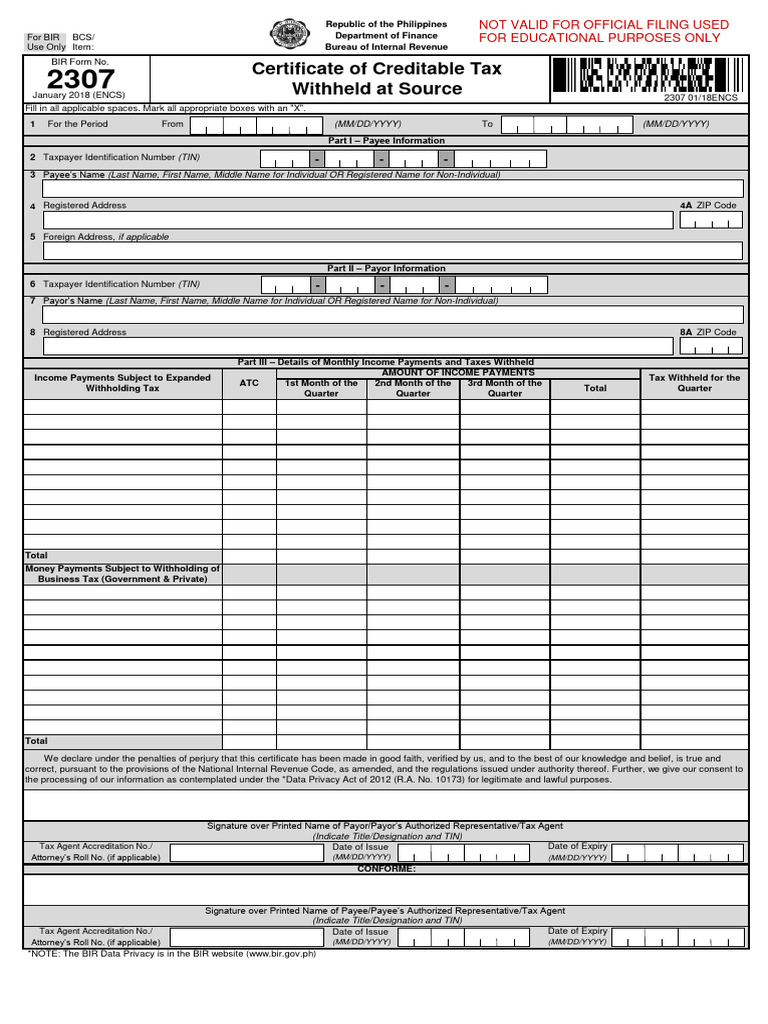 BIR Form 2307 | PDF | Value Added Tax | Corporate Tax BIR Form 2307 | PDF | Value Added Tax | Corporate Tax