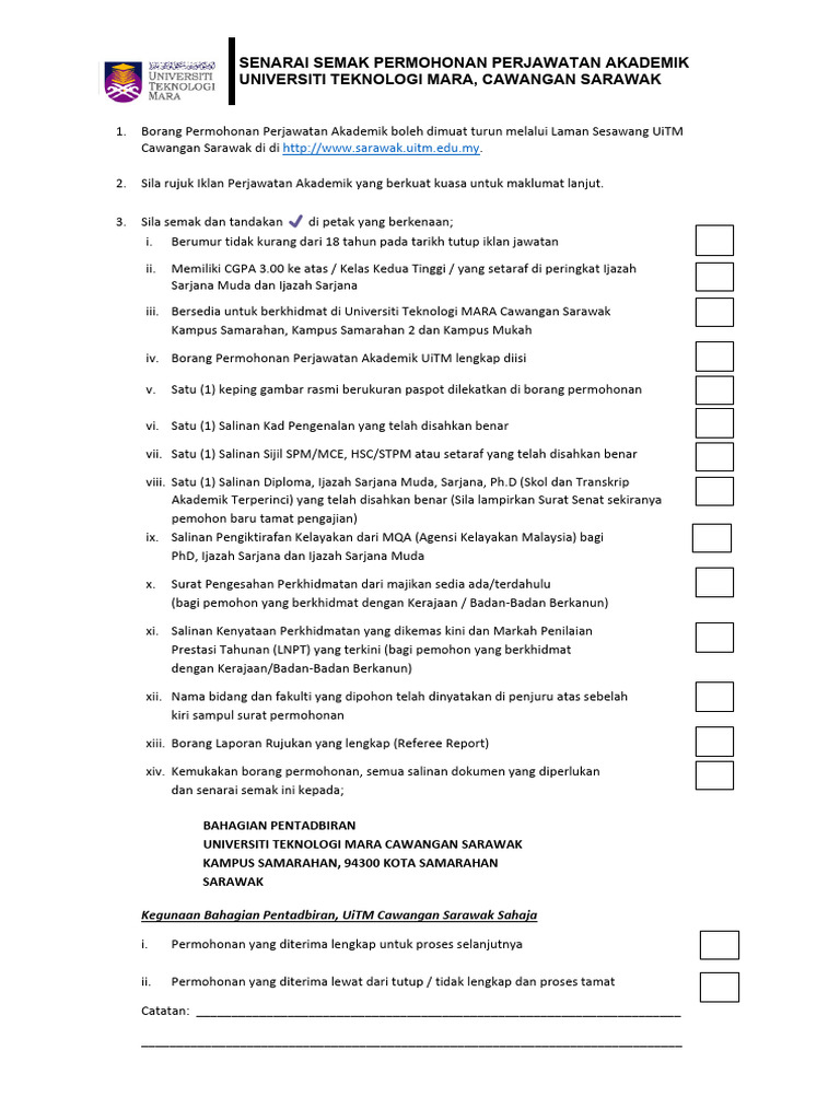 Borang Permohonan Akademik Uitm Cawangan Sarawak (Lengkap) | PDF