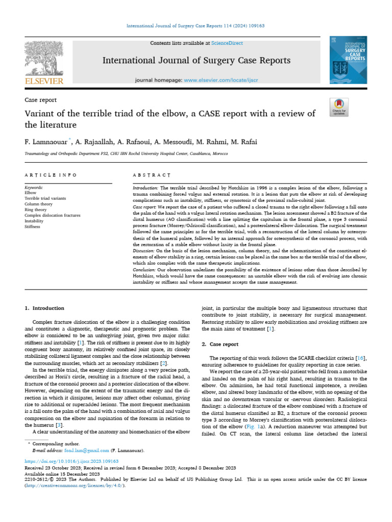Elbow Terrible Triad Variant Case Report | PDF | Elbow | Limbs (Anatomy)