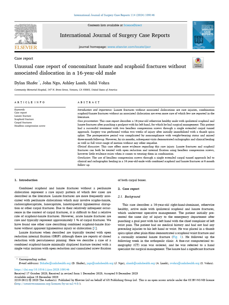 Unusual Case Report of Concomitant Lunate and Scaph 2024 International ...