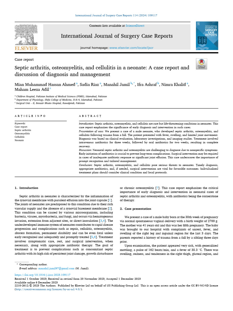 Septic Arthritis Osteomyelitis and Cellulitis in 2024 International ...