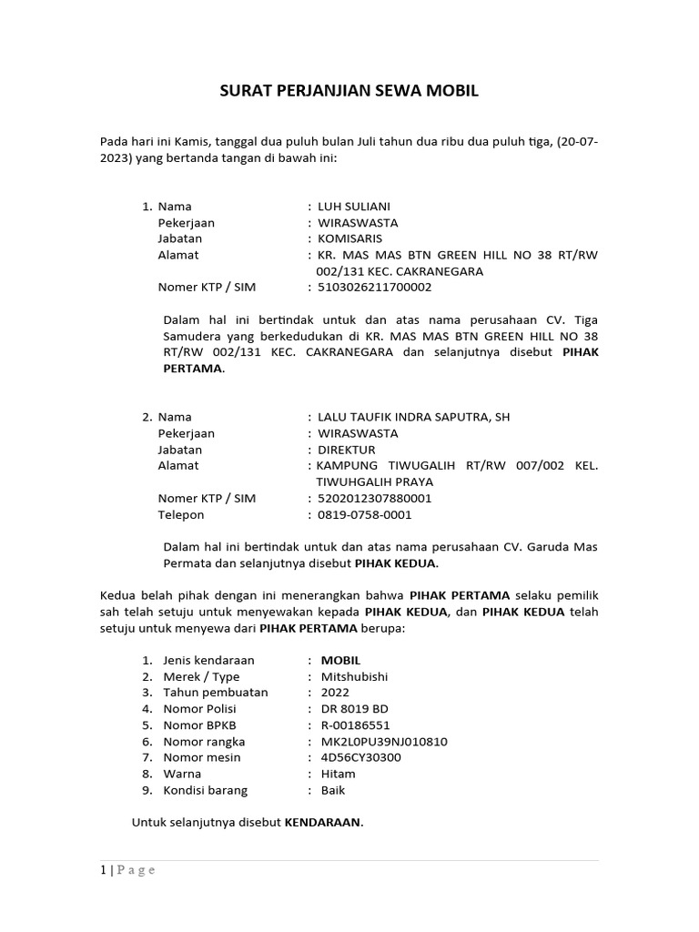 Surat Sewa Kendaraan Dan Peralatan | PDF