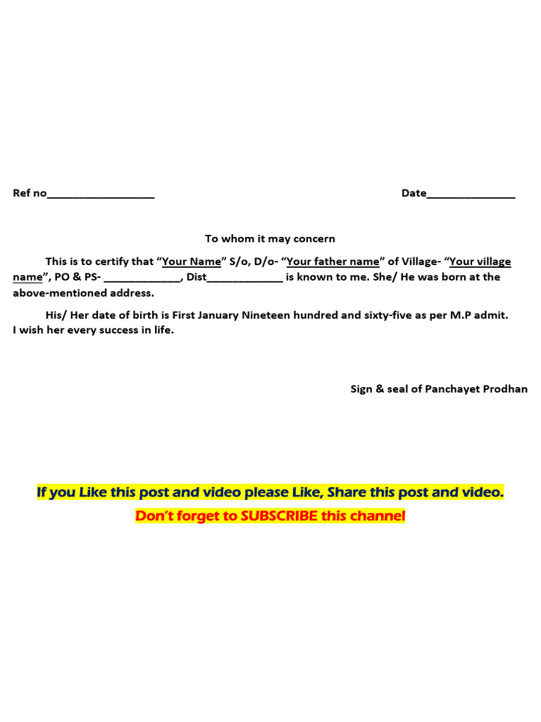 Panchayet Prodhan Birth & Residance Certificate Format | PDF