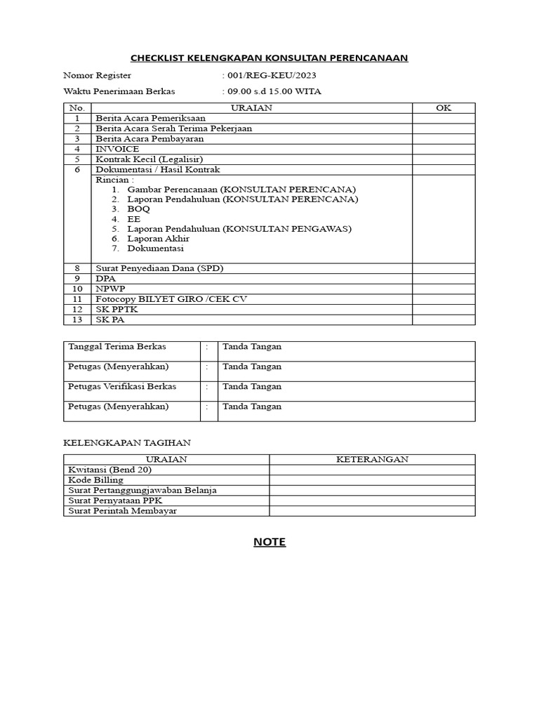 Checklist Konsultan Perencanaan 2023 | PDF | Pengelolaan Keuangan & Uang