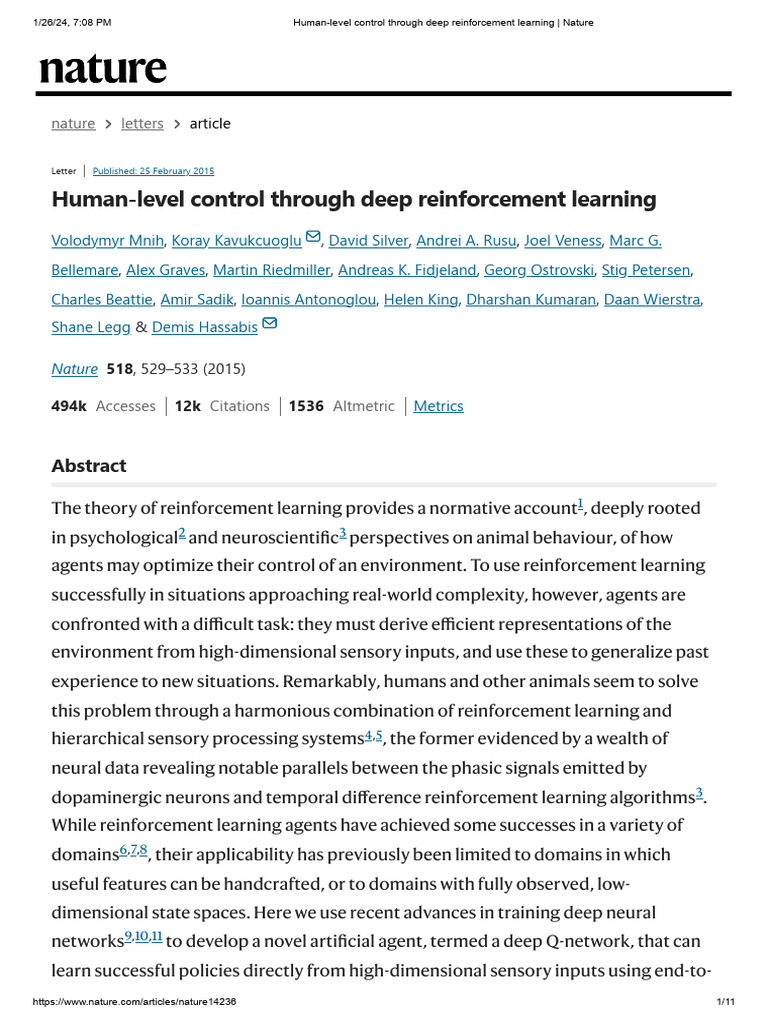 Human-Level Control Through Deep Reinforcement Learning - Nature | PDF | Neuroscience | Cognition