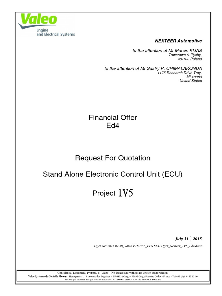 Valeo ECU Offer for Nexteer EPS Project | PDF