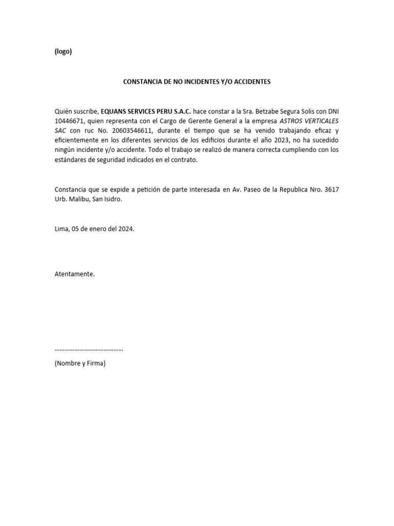 Constancia de No Incidencias Equans | PDF