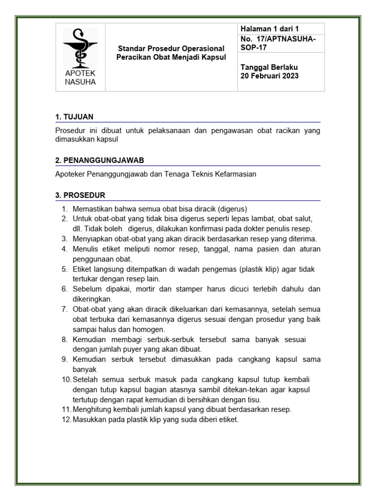 SOP Peracikan Obat Menjadi Kapsul | PDF | Kesehatan Holistik