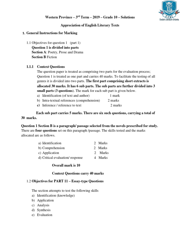 2019 3rdterm EnglishLiterature G10 Answers EM 1 | PDF | Reading Comprehension