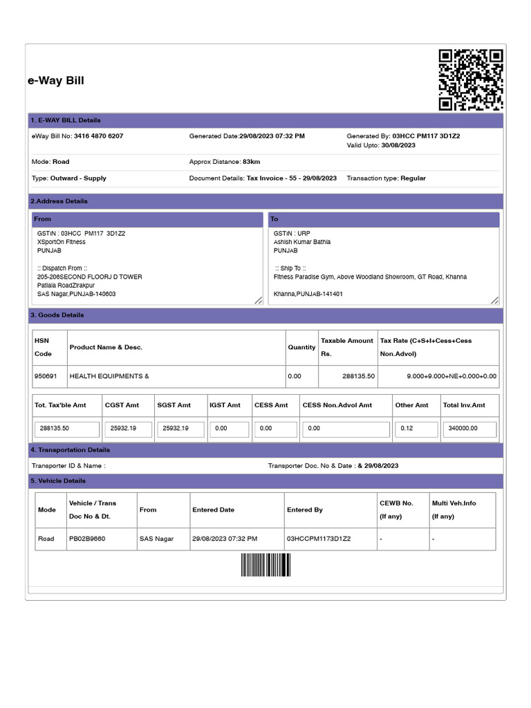 E-Way Bill System Invoice 55 MR ASHISH(29!8!23) | PDF | Government ...