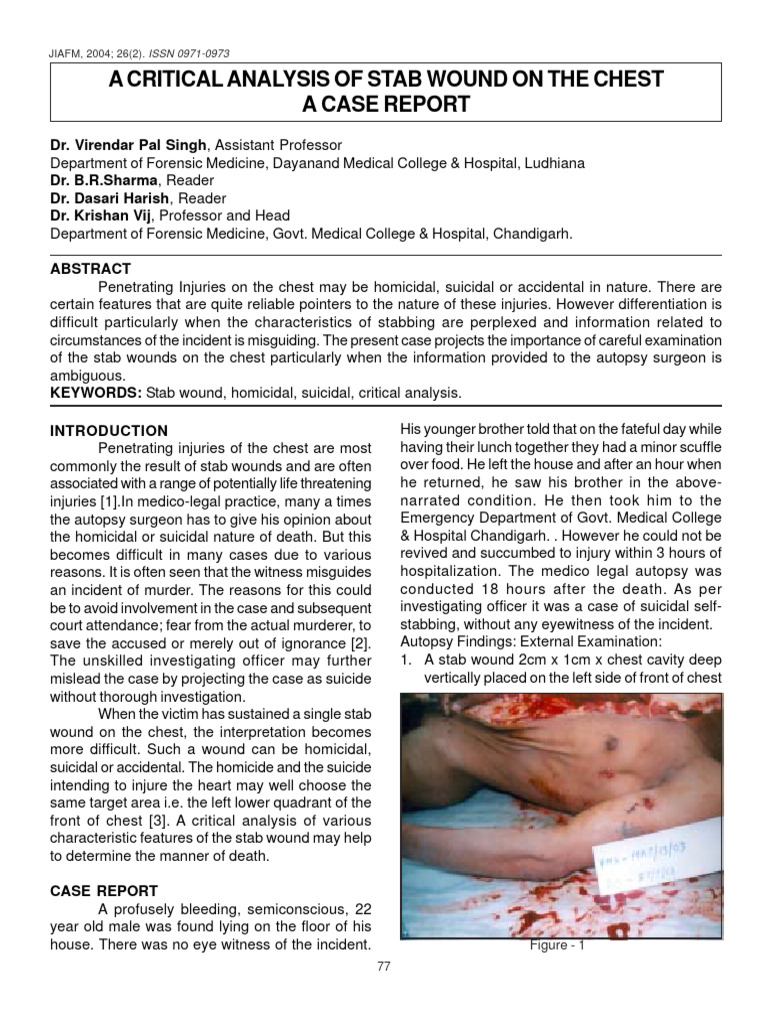 A Critical Analysis of Stab Wound On The Chest A C | PDF | Autopsy | Thorax