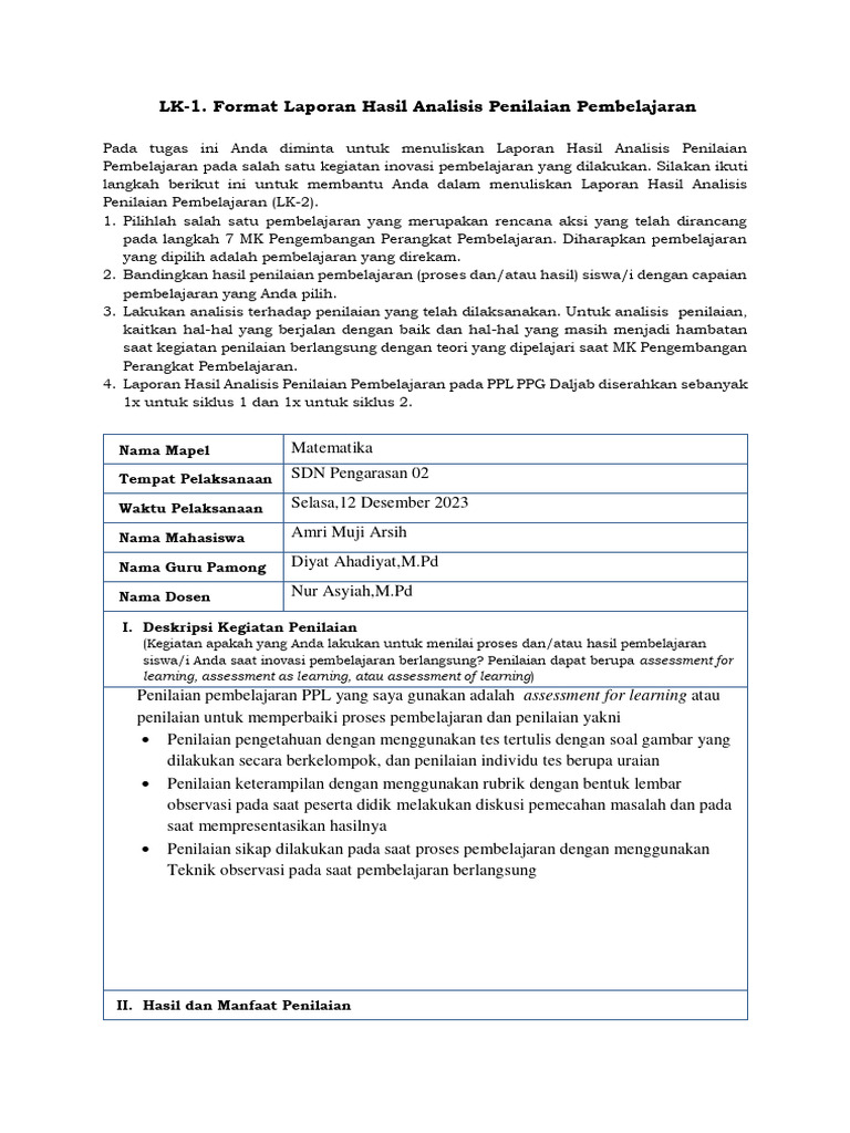 LK-1. Format Laporan Hasil Analisis Penilaian Pembelajaran | PDF