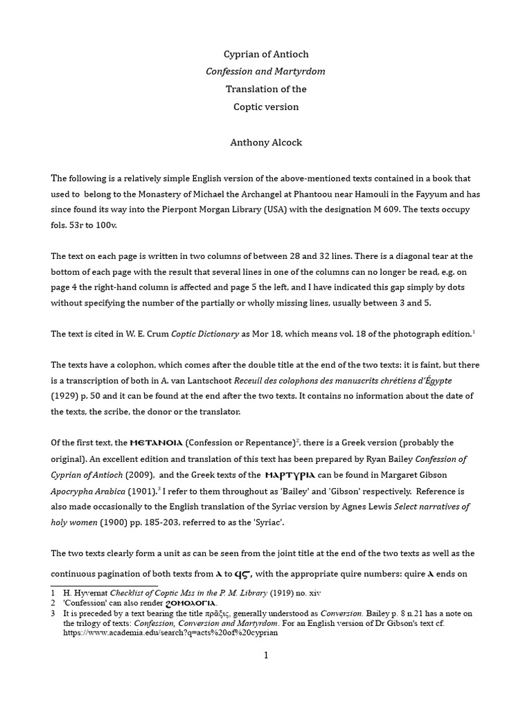 Cyprian of Antioch Confession and Martyrdom Coptic Version Alcock 2021 ...