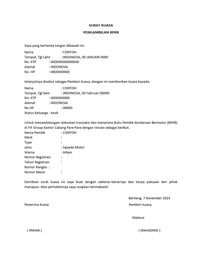 Contoh Surat Kuasa Pengambilan BPKB Di FIF | PDF
