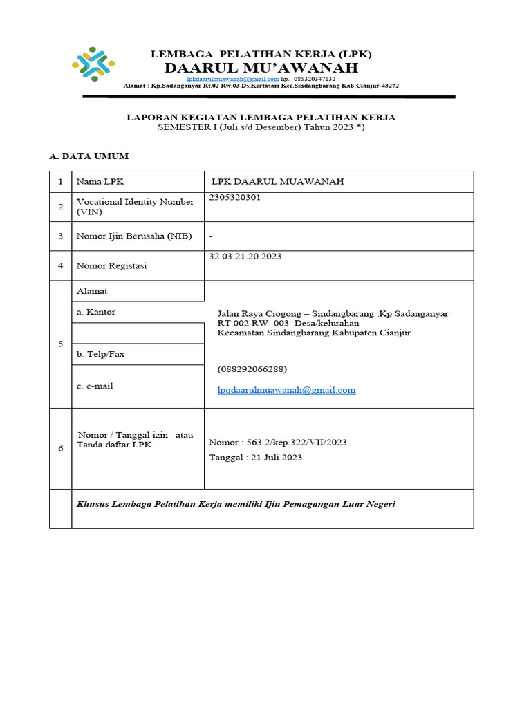 Format Laporan LPK Semester II 2023 | PDF