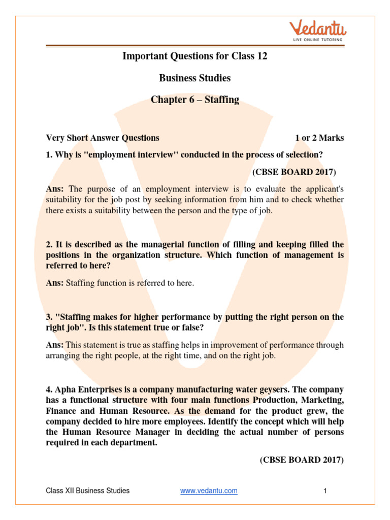 Important CBSE Questions On Class 12 Chapter 6 - Staffing | PDF ...