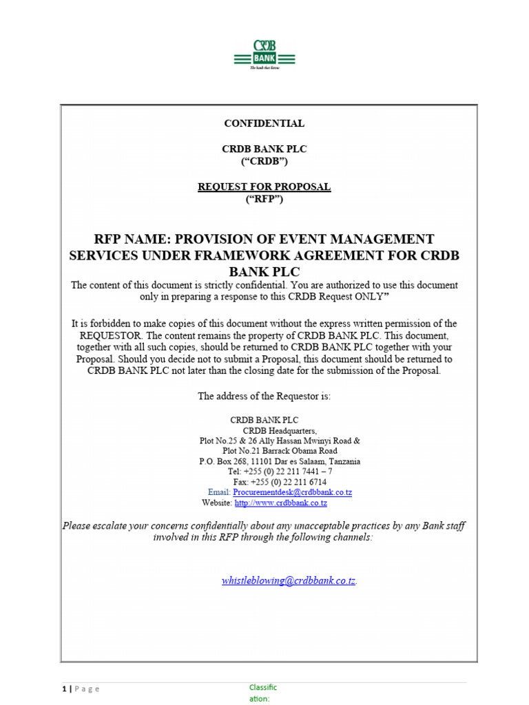 RFP - 2024 Event Management Under Framework Agreement For CRDB Bank Plc. | PDF | Request For ...