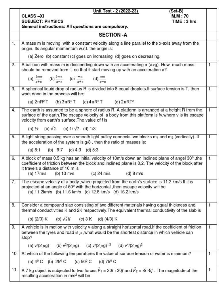 11 Phy - Set B Ut-2 | PDF | Potential Energy | Mass