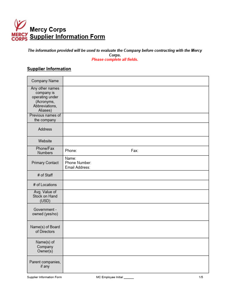 Package Supplier Information Form | PDF