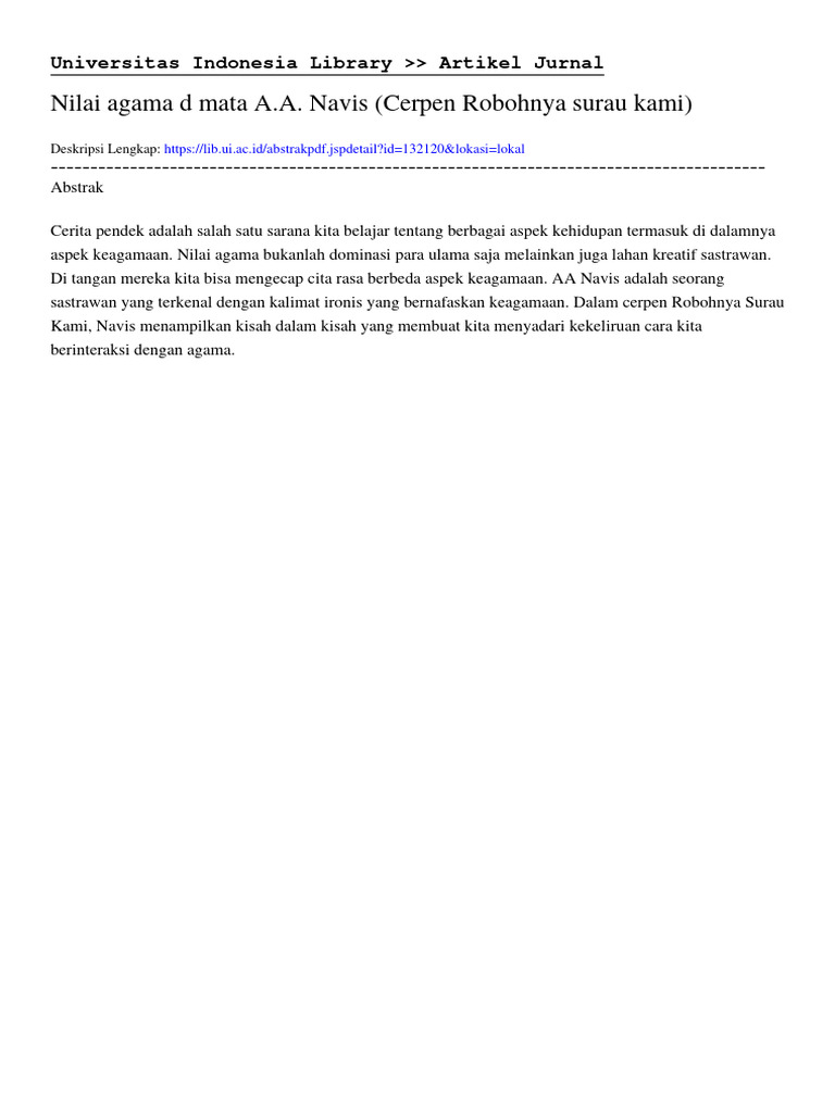 Nilai Agama D Mata A.A. Navis (Cerpen Robohnya Surau Kami ...