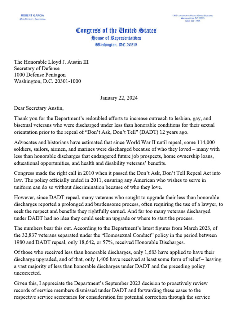 Letter To Defense Secretary Lloyd Austin | PDF | Don't Ask | Military ...