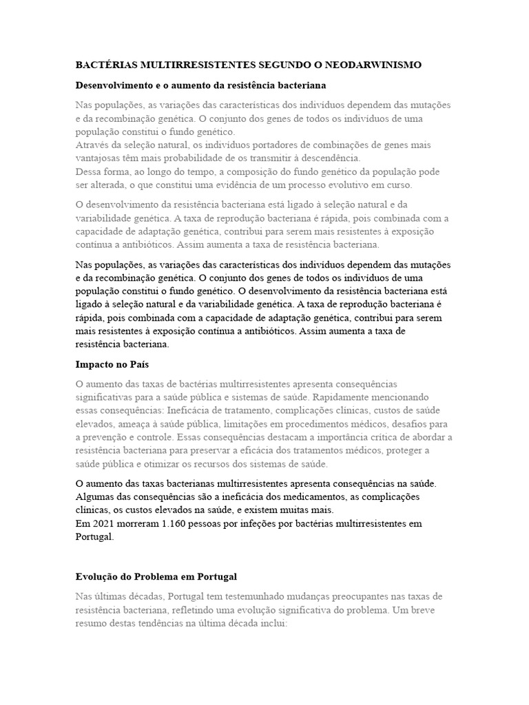 Bactérias Multirresistentes Segundo o Neodarwinismo | PDF | Resistência ...