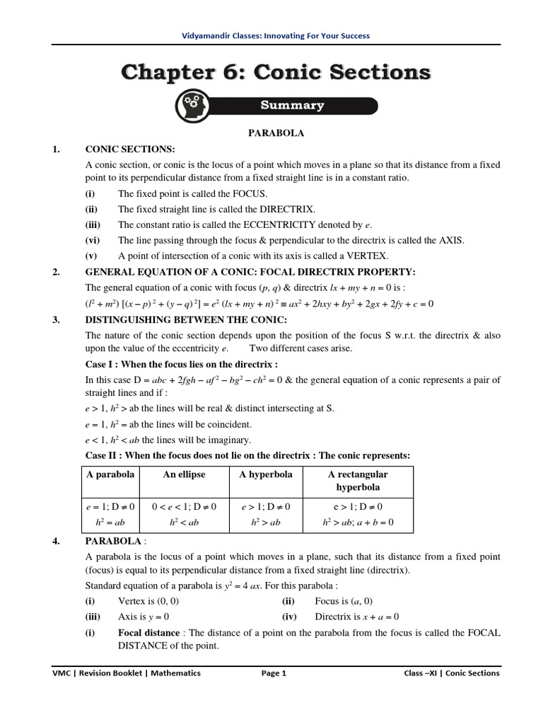 Conic Section - Summary | PDF | Ellipse | Perpendicular