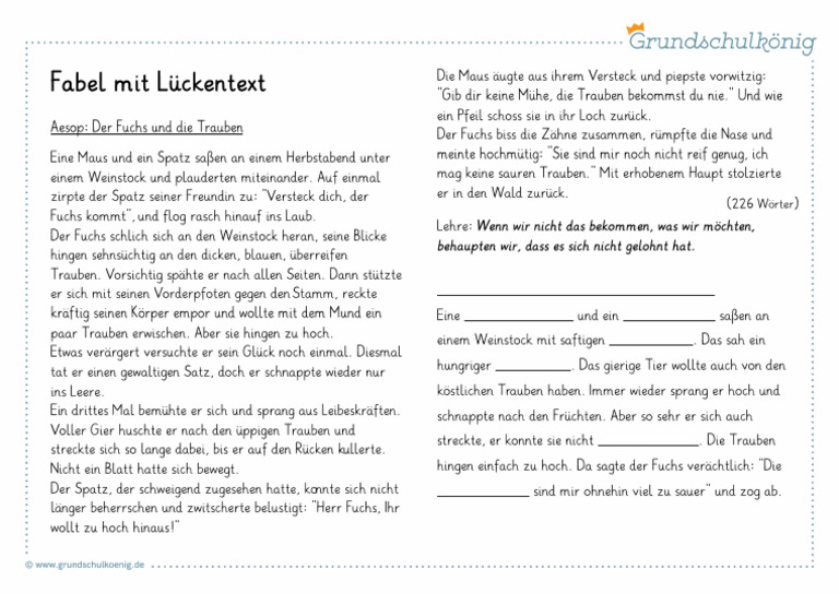Der Fuchs Und Die Trauben Text Lueckentext | PDF