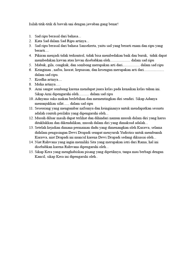 Ulangan Agama Hindu Sad Ripu | PDF | Seni & Disiplin Bahasa