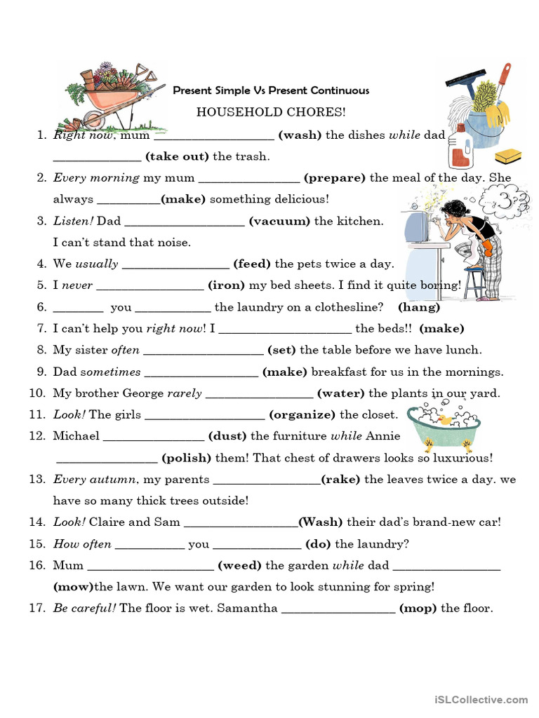 HOUSEHOLD CHORES! Present Simple Vs Present Continuous! NEW!!! | PDF ...