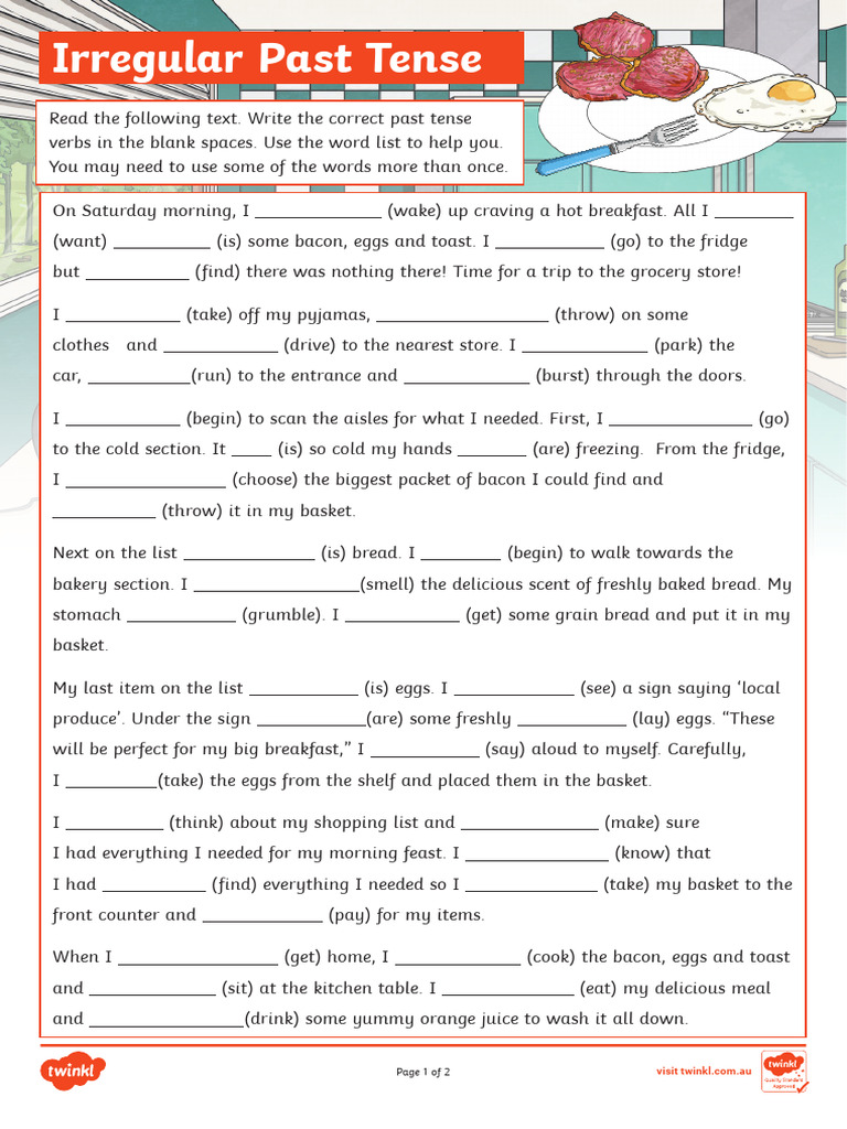 Irregular Past Tense Cloze Worksheet | PDF | Breads | Food And Drink
