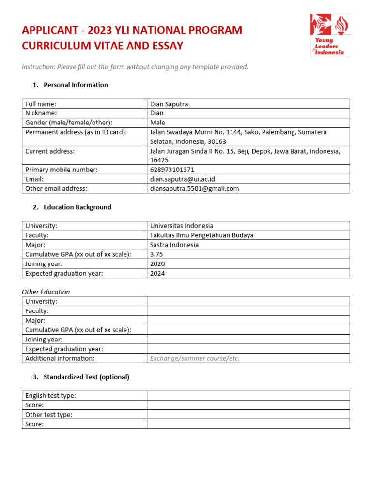 2023 YLI National Program - CV and Essay Template | PDF | Internship ...