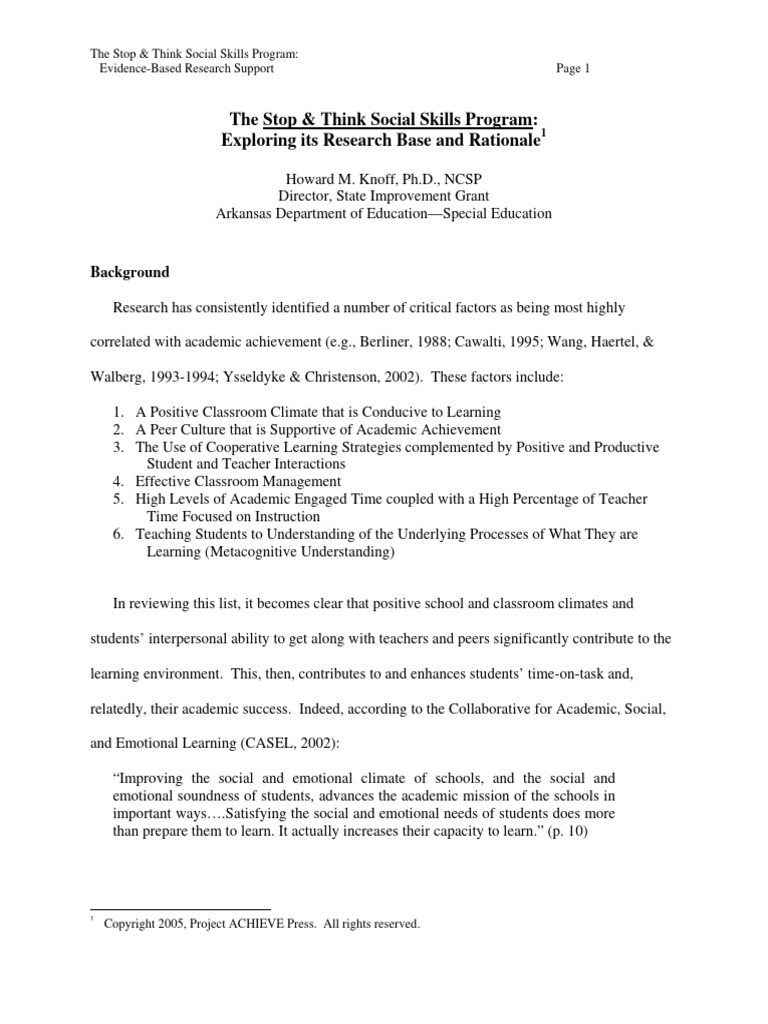 Stop & Think Research Foundation Article 05 | PDF | Social Skills ...
