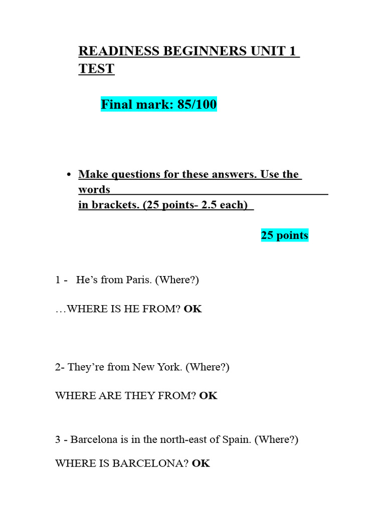 READINESS BEGINNERS UNIT 1 TEST DARIO MOLINELLI Corrected | PDF