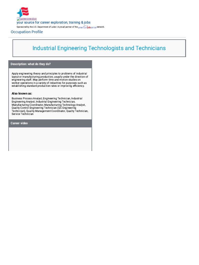 Occupation Profile for Industrial Engineering Technologists and Technicians CareerOneStop 1 (1 ...