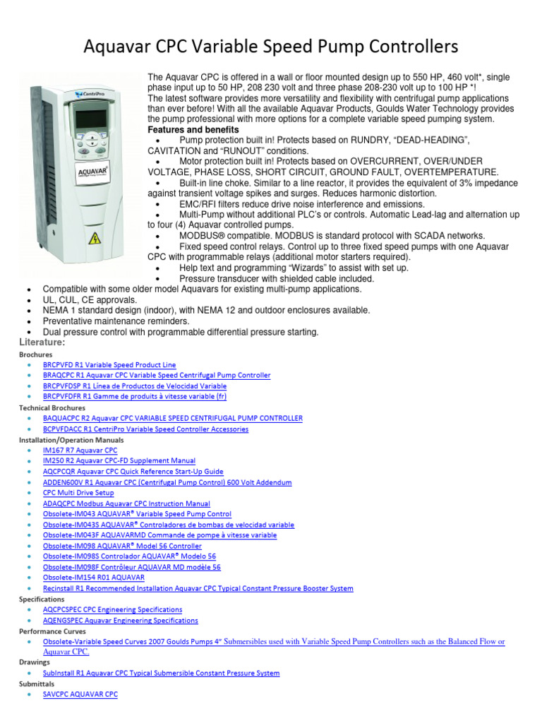 Aquavar CPC Variable Speed Pump Controllers | PDF | Electromagnetic Interference | Pump