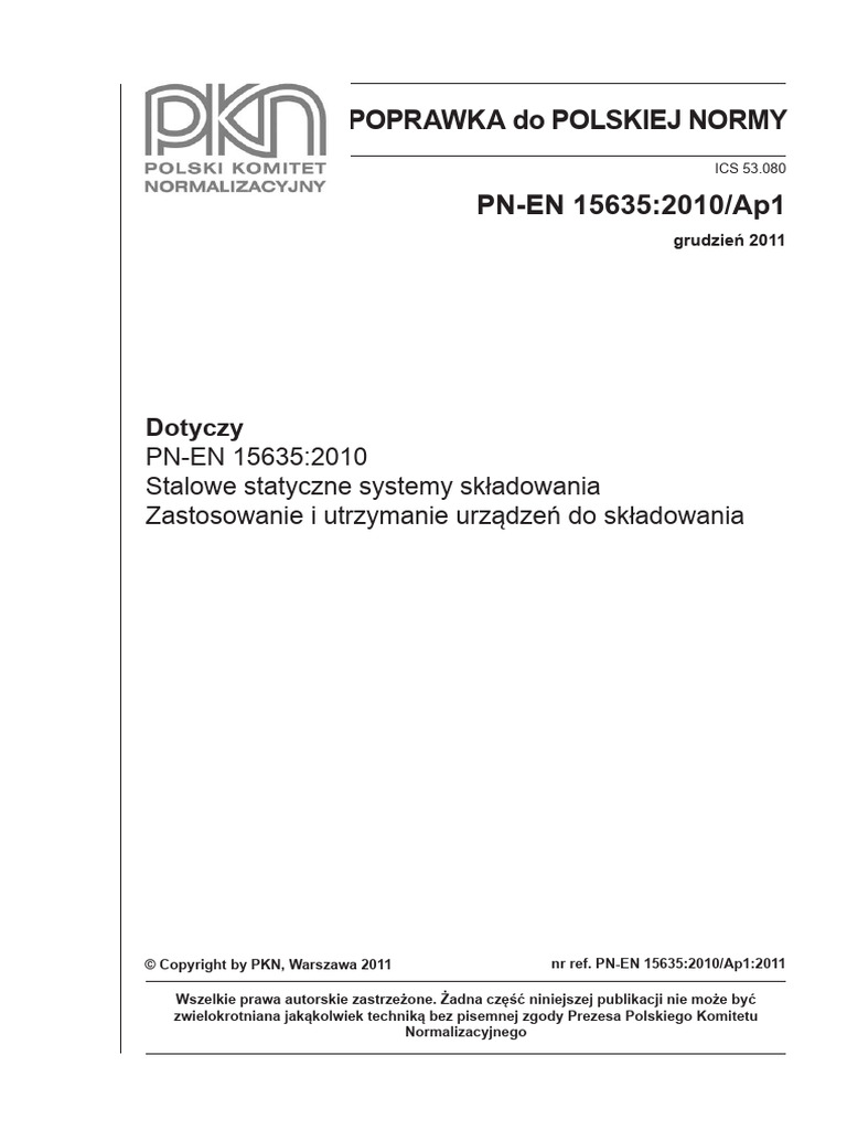 Poprawka Do Polskiej Normy PN-EN 15635:2010/ap1: Dotyczy | PDF
