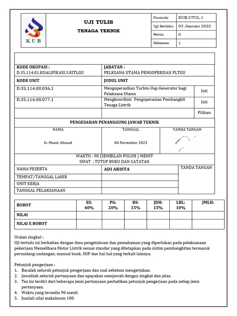 Soal Uji Kittgu (PT - Kub) - Pengoperasian LV3 | PDF