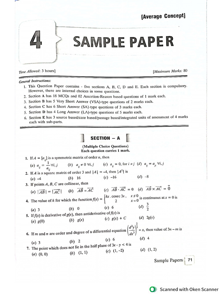 12 Maths Sample Paper 1 | PDF