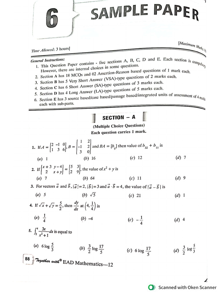 12 Maths Sample Paper 3 | PDF