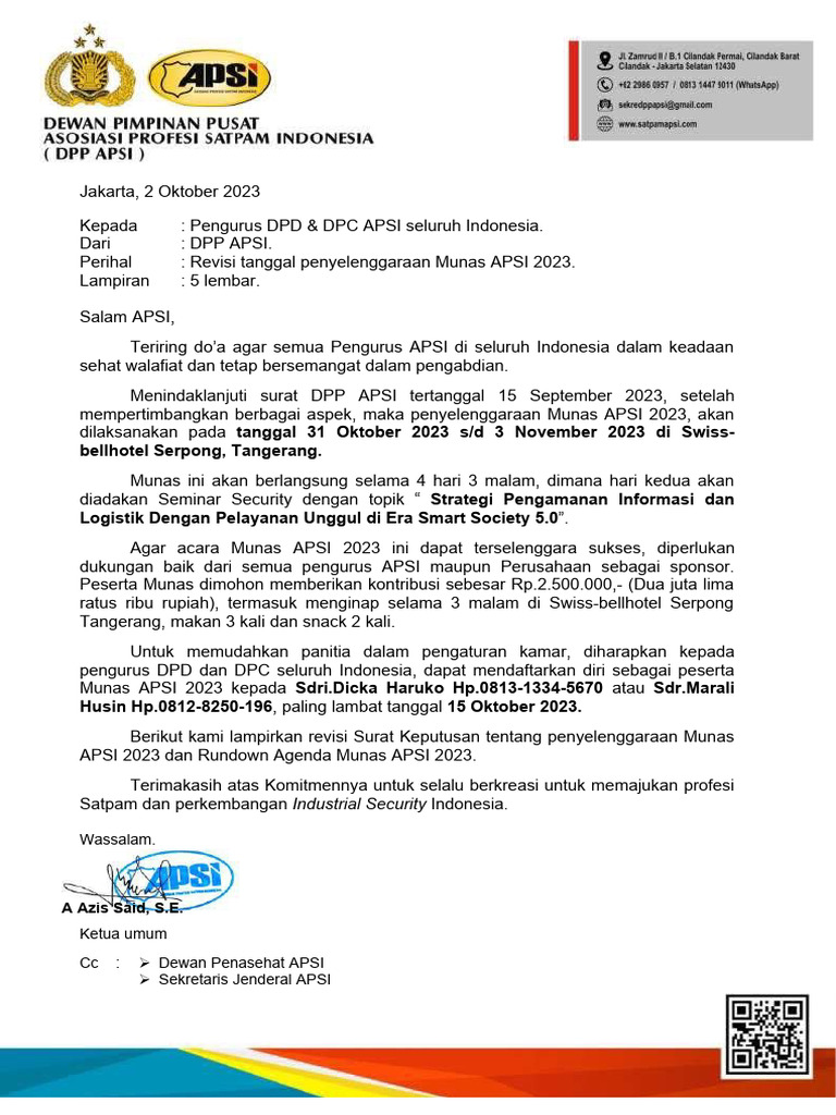 Kepada Pengurus DPD & DPC APSI (SK&Rundown Munas APSI 2023) | PDF