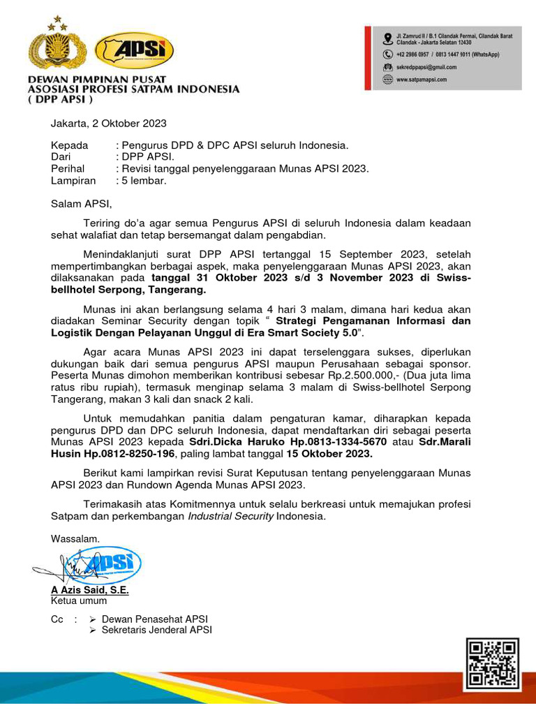Kepada Pengurus DPD & DPC APSI (SK&Rundown Munas APSI 2023) | PDF