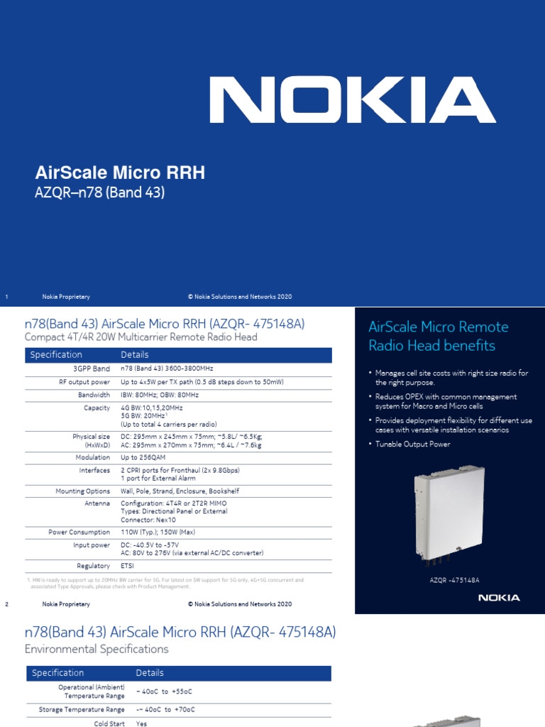 Nokia AZQR AirScale Micro RRH 4T4R B43 20W Ds | PDF