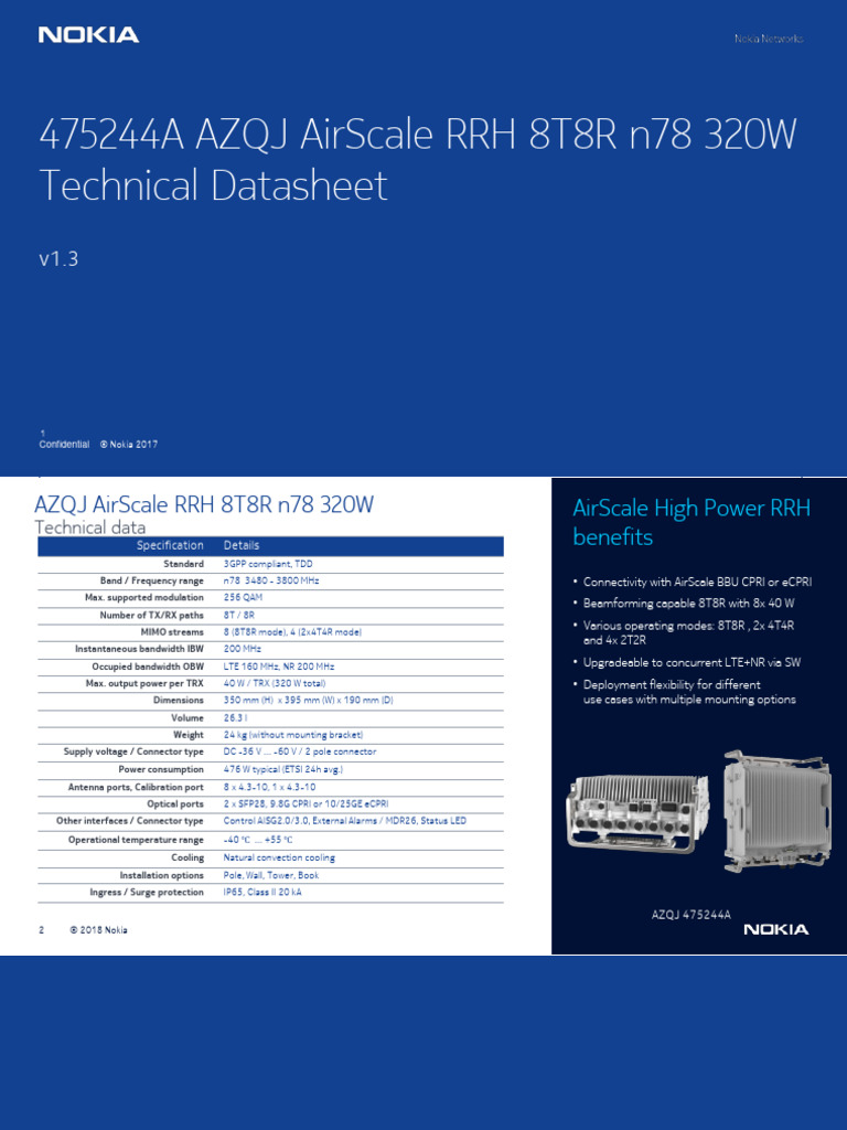 Nokia AZQJ 475244A AirScale RRH 8T8R n78 320W Tds | PDF | Lte ...