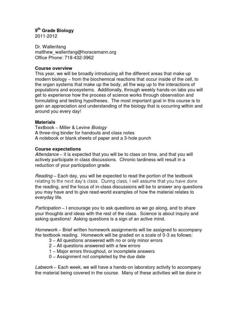 Syllabus 9th Grade Biology | PDF | Homework | Test (Assessment)