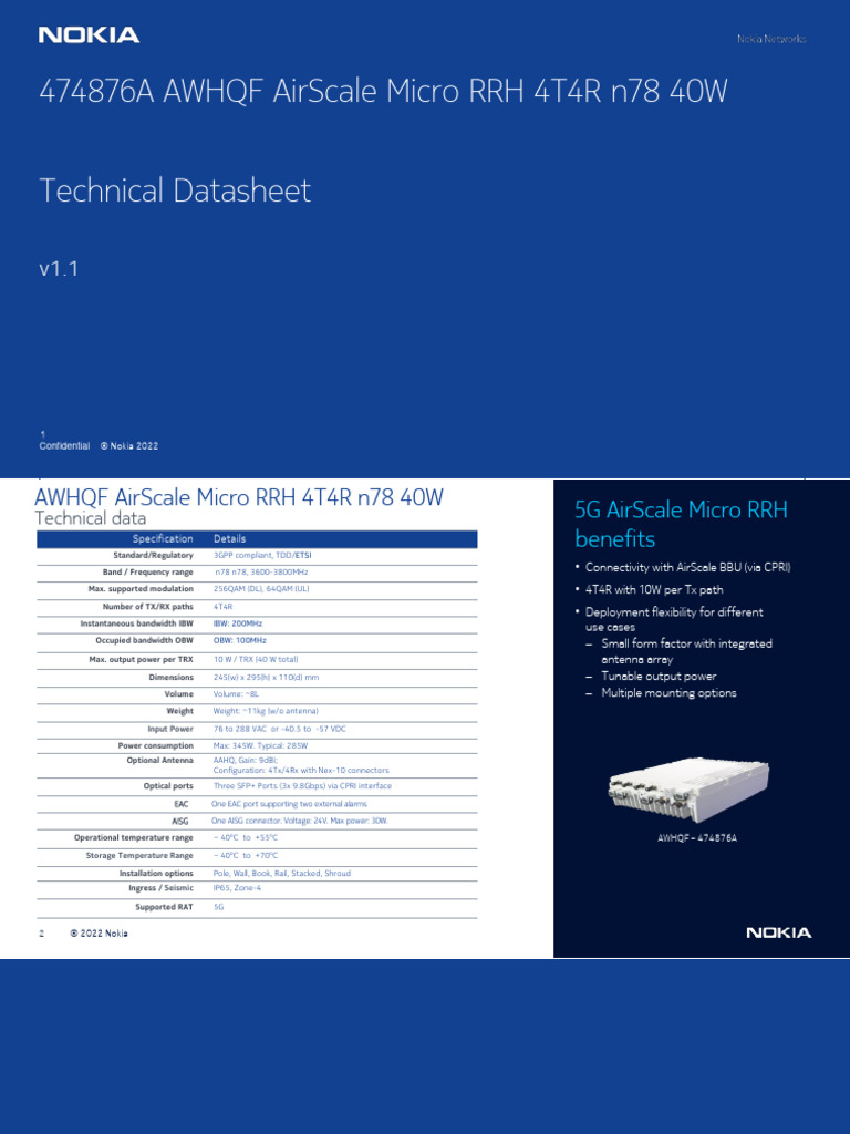 Nokia AWHQF 474876 AirScale Micro RRH 4T4R n78 B43 40W Ds | Download ...