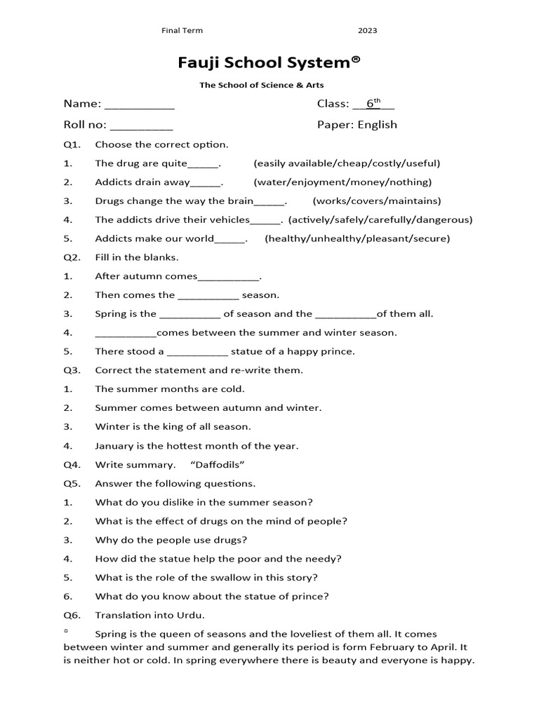 6th Class Paper English A Final Term 2023 | PDF